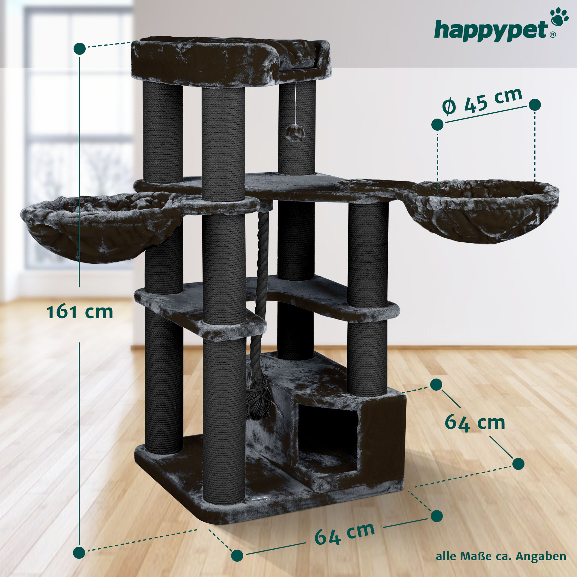 Kratzbaum für Katzen groß 161 cm hoch Massiver Katzenbaum happypet® XXL ...